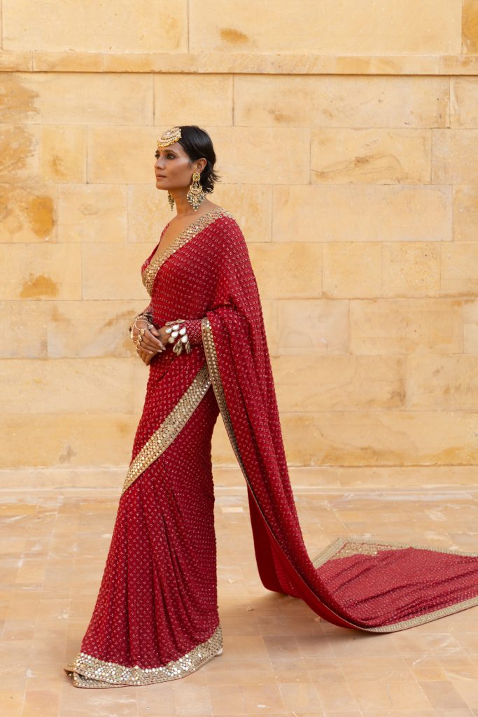 Red hand embroidered sari set – Arpita Mehta Official