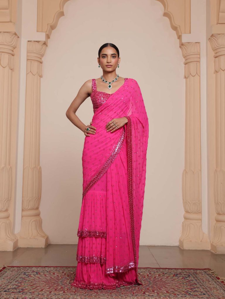 Pink hand embroidered tiered sari set – Arpita Mehta Official