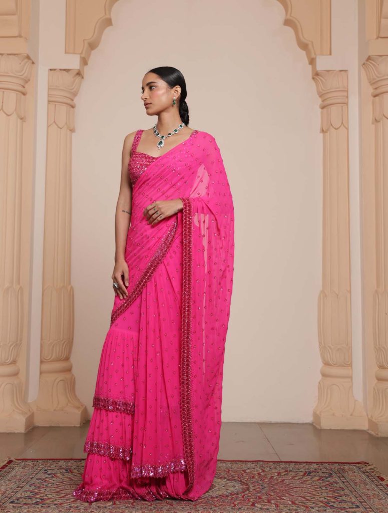 Pink hand embroidered tiered sari set – Arpita Mehta Official