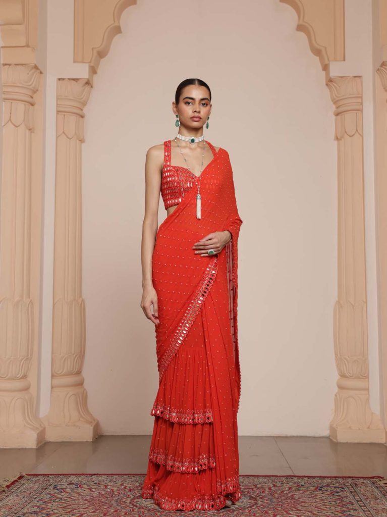 Sindoori hand embroidered tiered sari set – Arpita Mehta Official