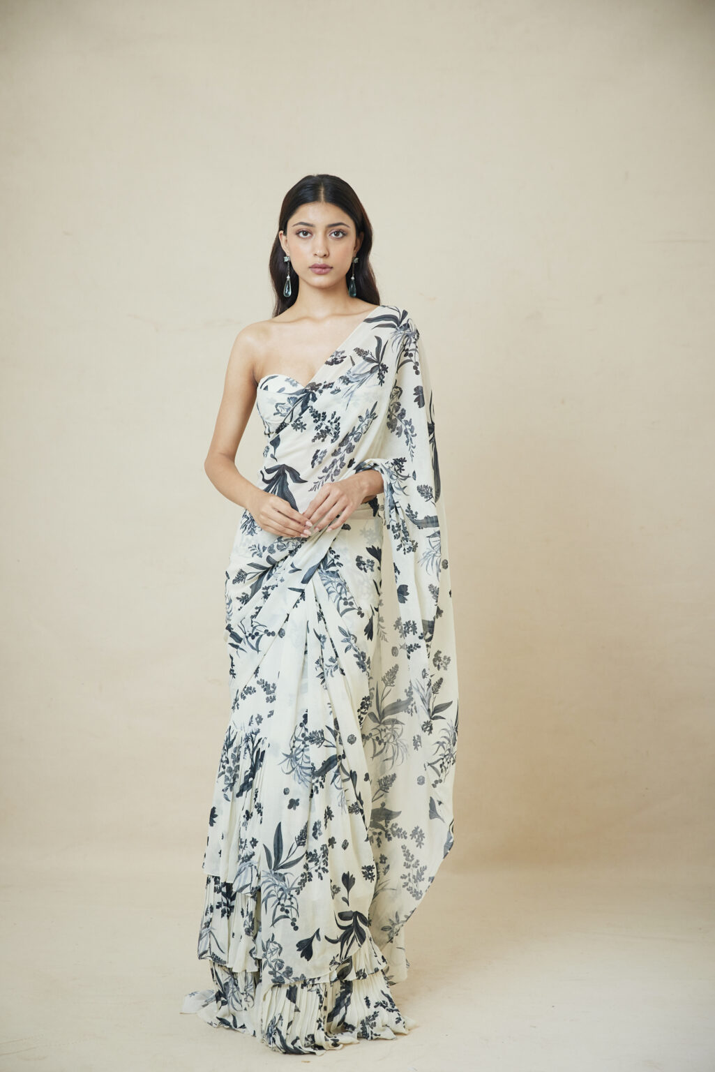 Sand & black floral print ruffle sari set – Arpita Mehta Official