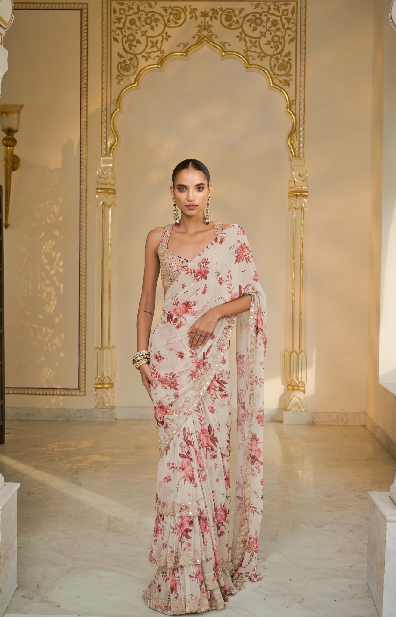 Red bloom print hand embroidered tiered sari set – Arpita Mehta Official
