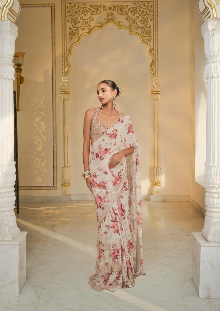 Red bloom print hand embroidered tiered sari set – Arpita Mehta Official