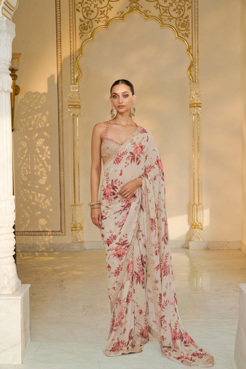Red bloom print hand embroidered classic sari set – Arpita Mehta Official