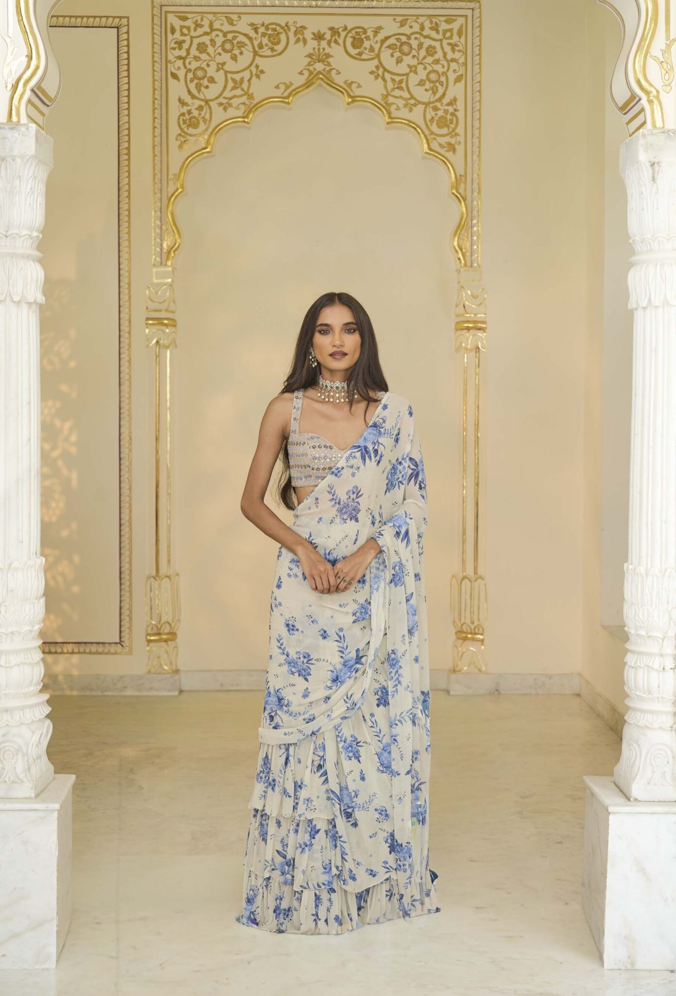 Blue bloom print ruffle sari set – Arpita Mehta Official