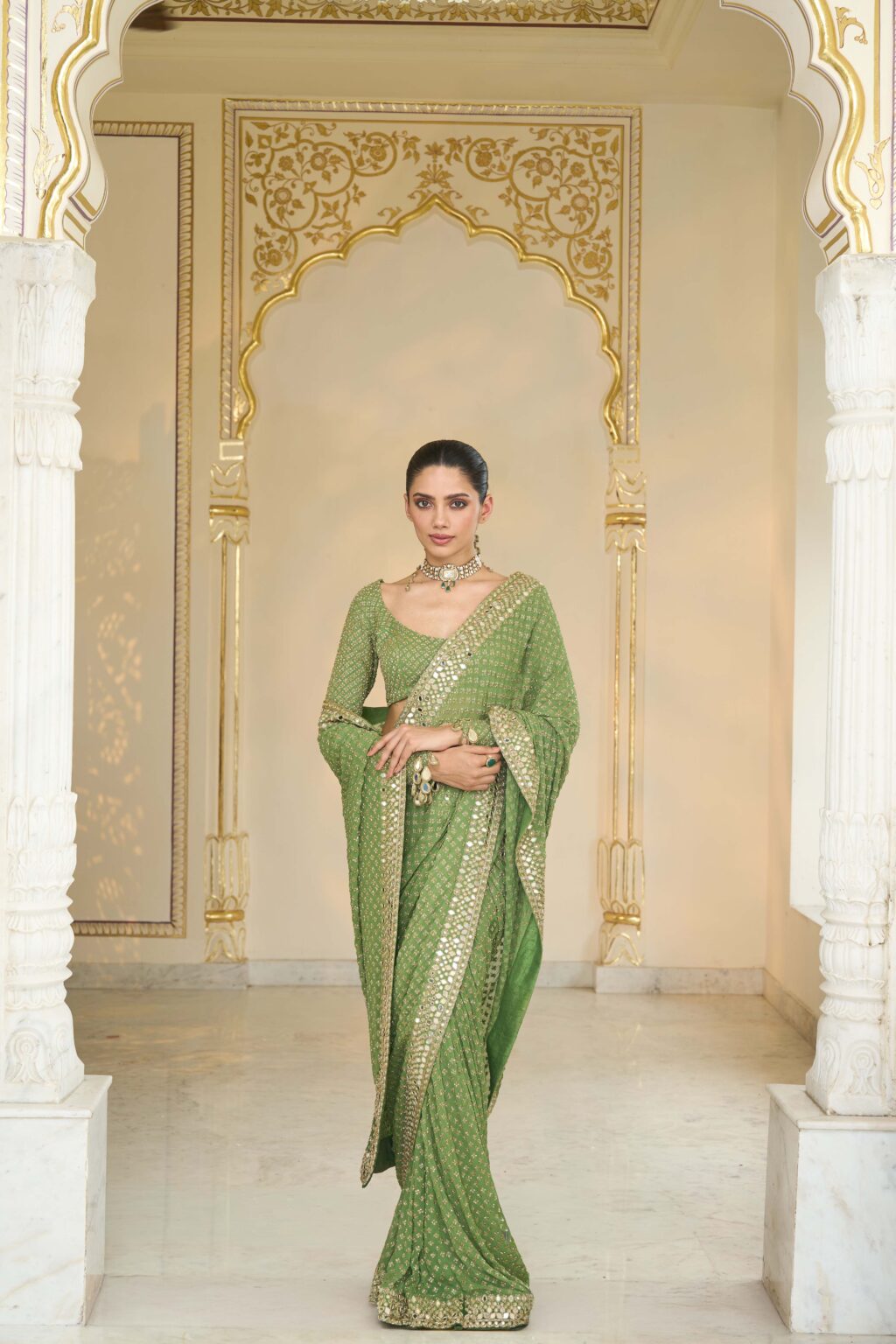 Warm olive hand embroidered star sari set – Arpita Mehta Official